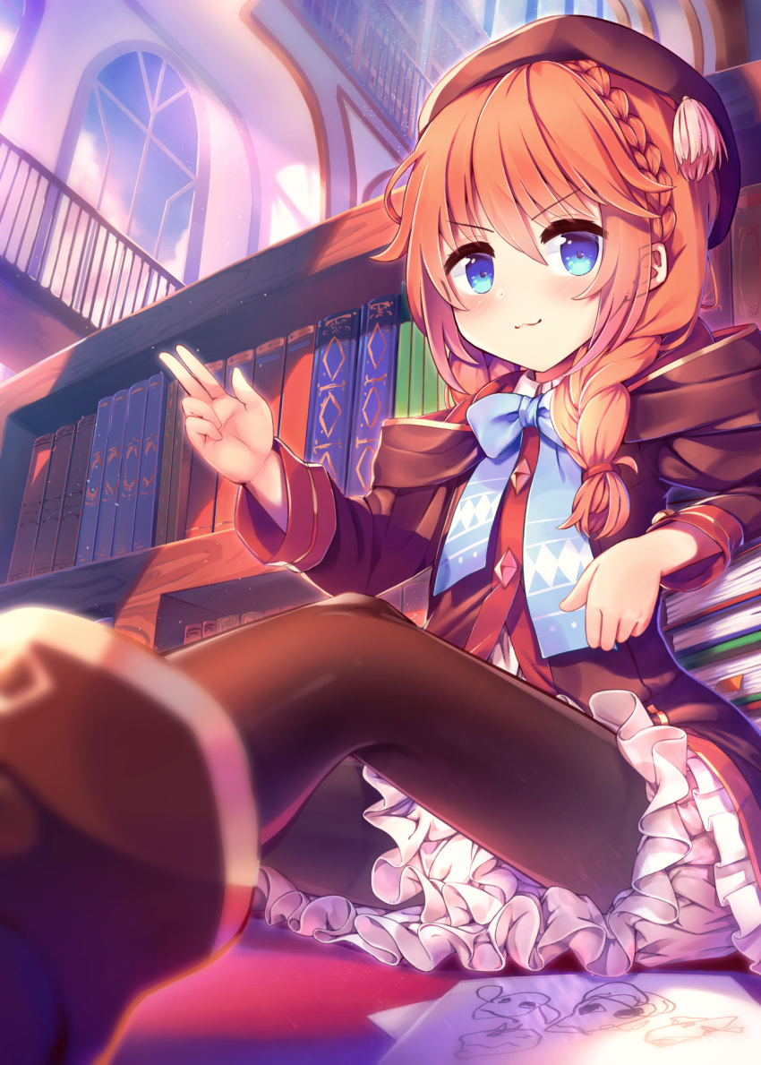 Safebooru - 1girl :3 arm rest bangs beret black footwear black headwear black legwear blue bow ...