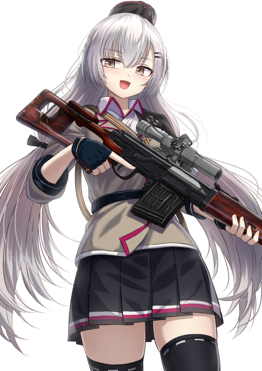 Safebooru - 1girl bangs black headwear black legwear black skirt brown shirt dragunov svd ...