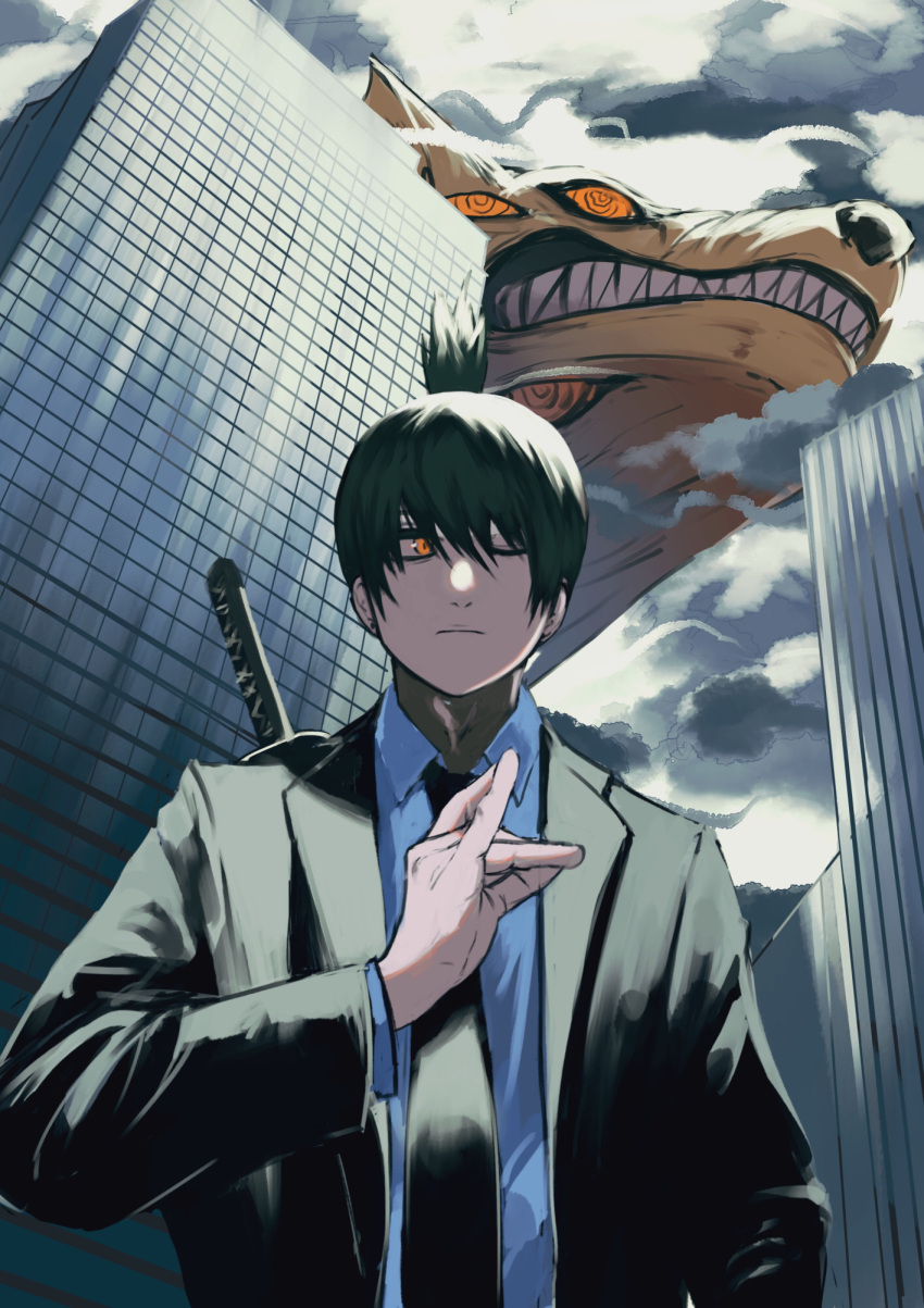Safebooru - 1boy bangs black hair black jacket black neckwear black suit blue shirt building ...