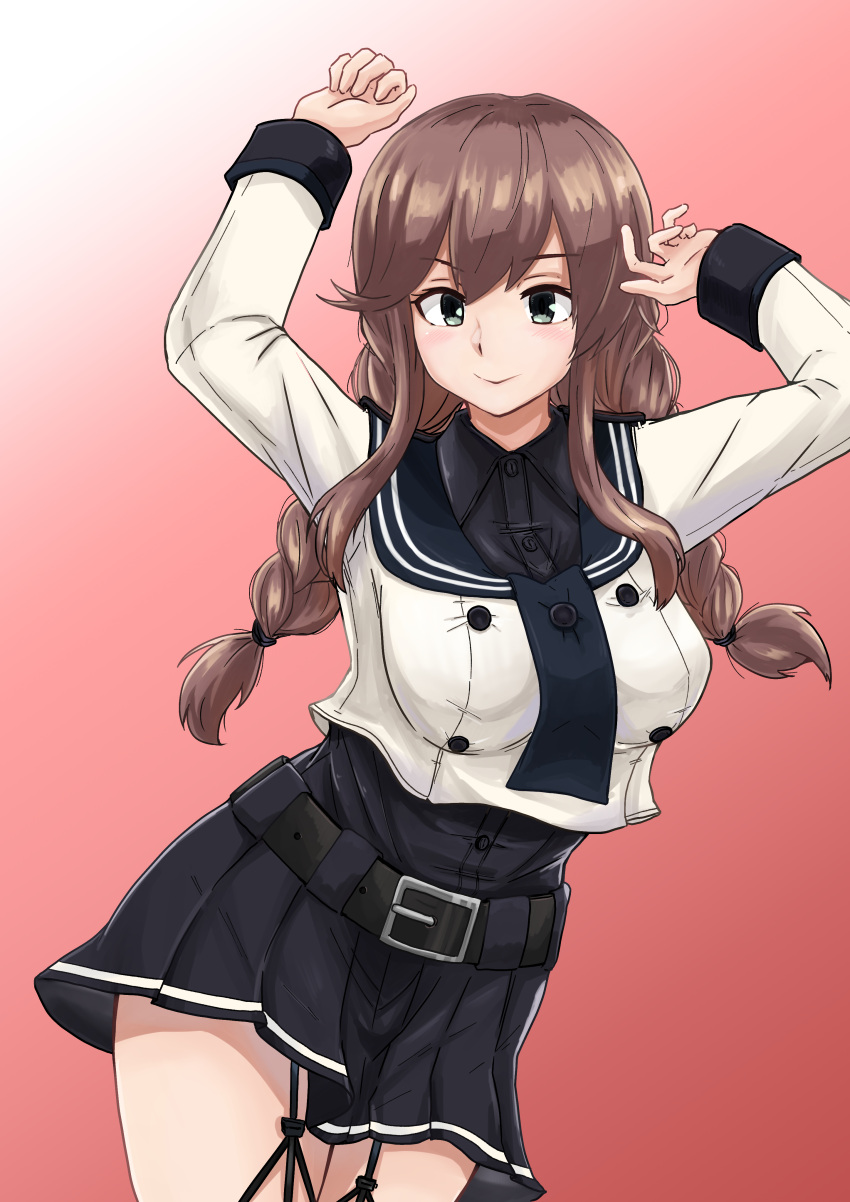 Safebooru - 1girl absurdres arms up bangs black sailor collar black shirt black skirt braid ...