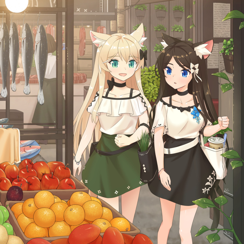 Safebooru - 2girls animal ear fluff animal ears apple bag bangs black hair blonde hair blue eyes ...