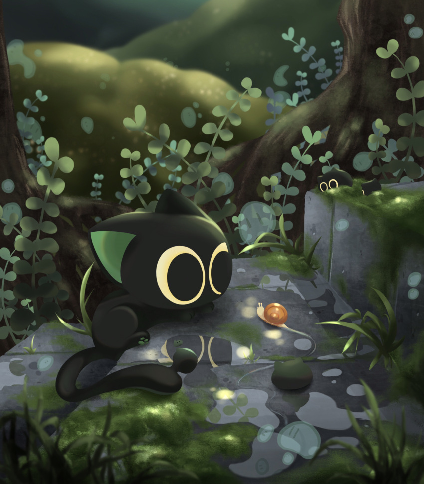 Safebooru - animal focus aplysia05 black cat cat grass highres leaf ...