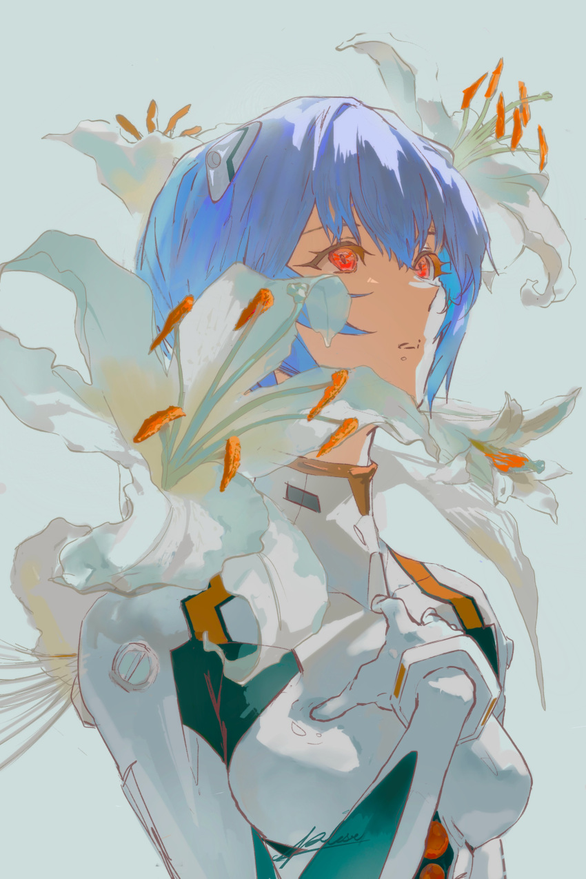 Safebooru - 1girl absurdres ayanami rei bangs blue hair bodysuit breasts eyebrows behind hair ...