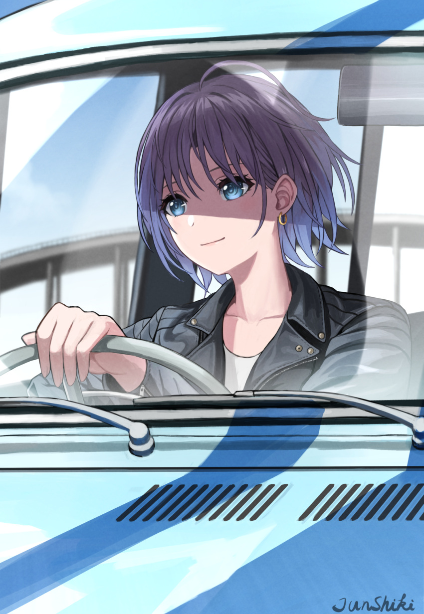 Safebooru - 1girl ahoge asakura tooru black jacket blue eyes car earrings ground vehicle highres ...
