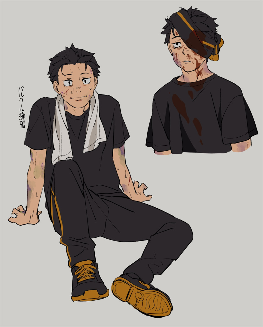 Safebooru - 1boy arm support black hair black shirt blood bruise bruise on face closed mouth ...