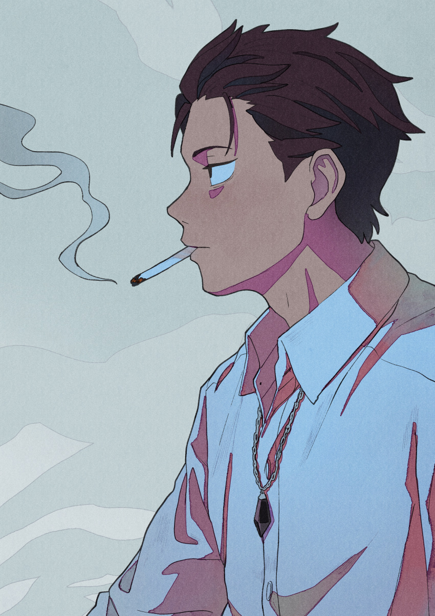 Safebooru - 1boy absurdres brown hair cigarette collared shirt commentary request from side gem ...
