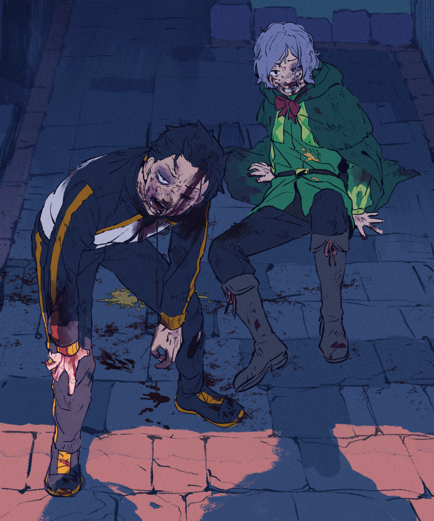 Safebooru - 2boys absurdres arm support bangs black pants blood boots bruise bruise on face ...
