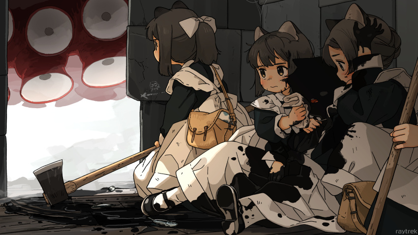 Safebooru - akai sashimi animal ears apron axe bag bow cat ears commentary request dirty fish ...