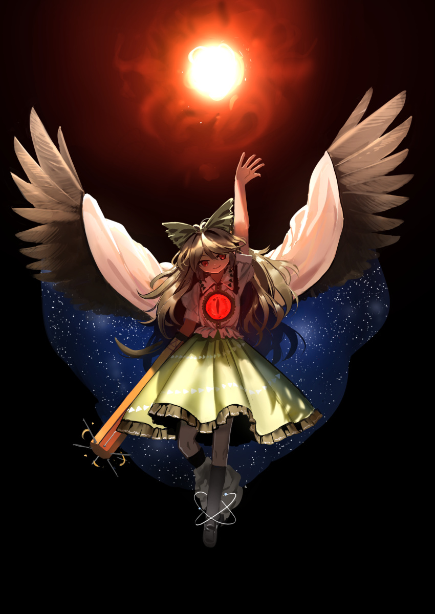 Safebooru - 1girl arm cannon arm up atom bangs bird wings black background black footwear black ...