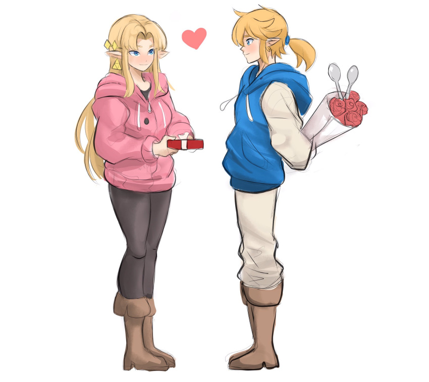Safebooru - 1boy 1girl arms behind back black legwear blue eyes blue hoodie blush boots bouquet ...