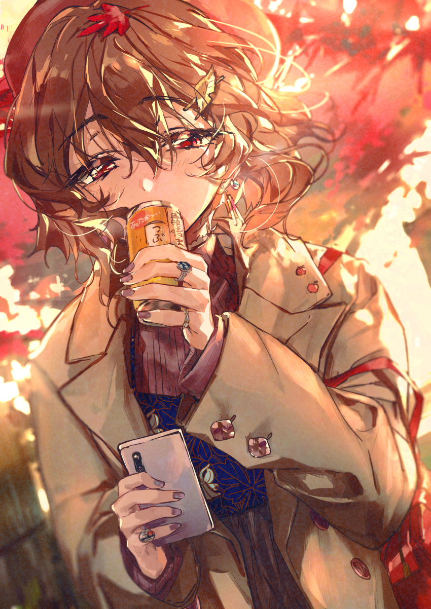 Safebooru - 1girl autumn autumn leaves bag bangs beret blurry blurry background blush brown coat ...