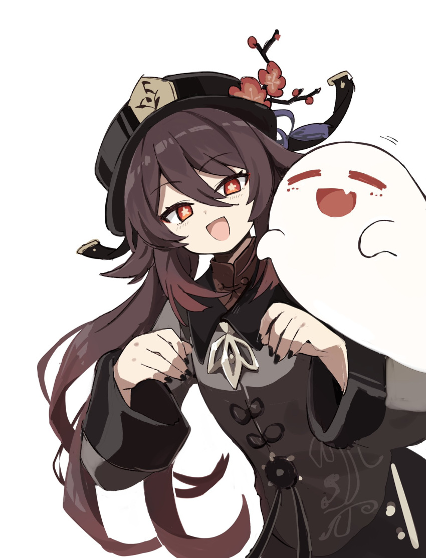 Safebooru - 1girl :d bangs black nails blush brown hair eyebrows visible through hair fang ...