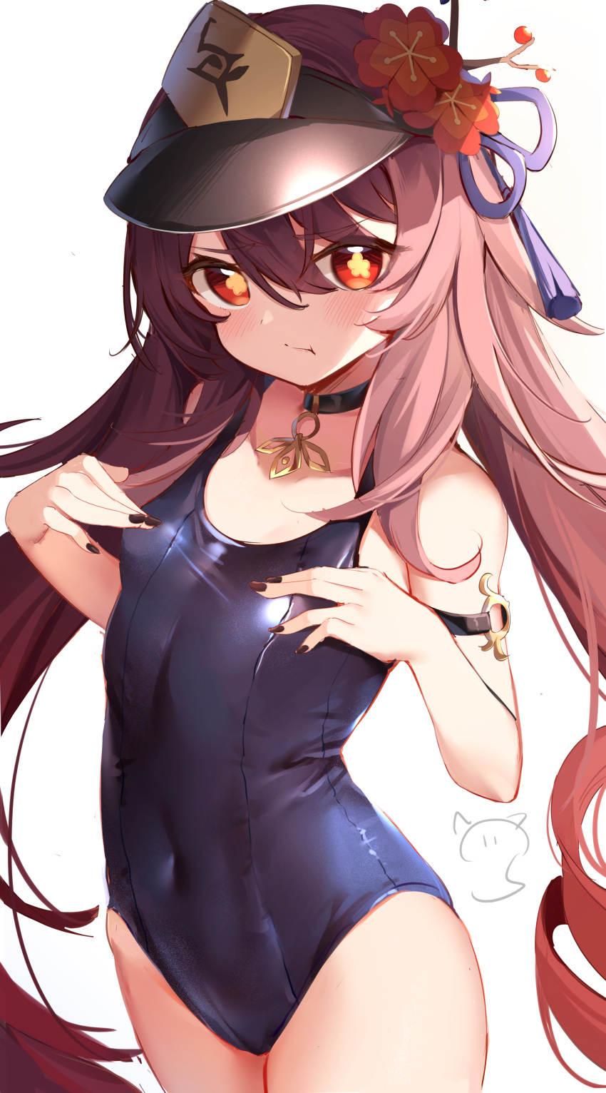 Safebooru - 1girl :t absurdres armlet black nails blue swimsuit blush choker covered navel ...