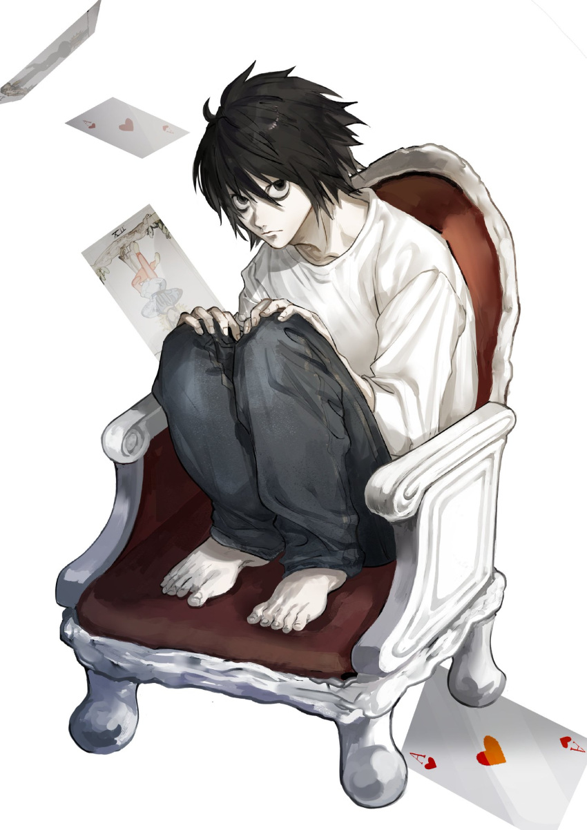 Safebooru - 1boy bangs barefoot black eyes black hair chair death note ...