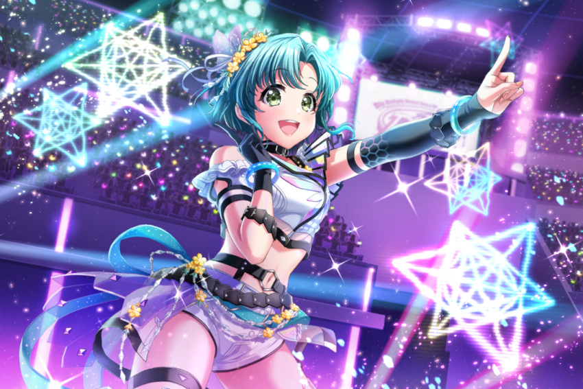 Safebooru - 1girl bare shoulders blue eyes blue hair blush d4dj dress hanamaki towa midriff ...