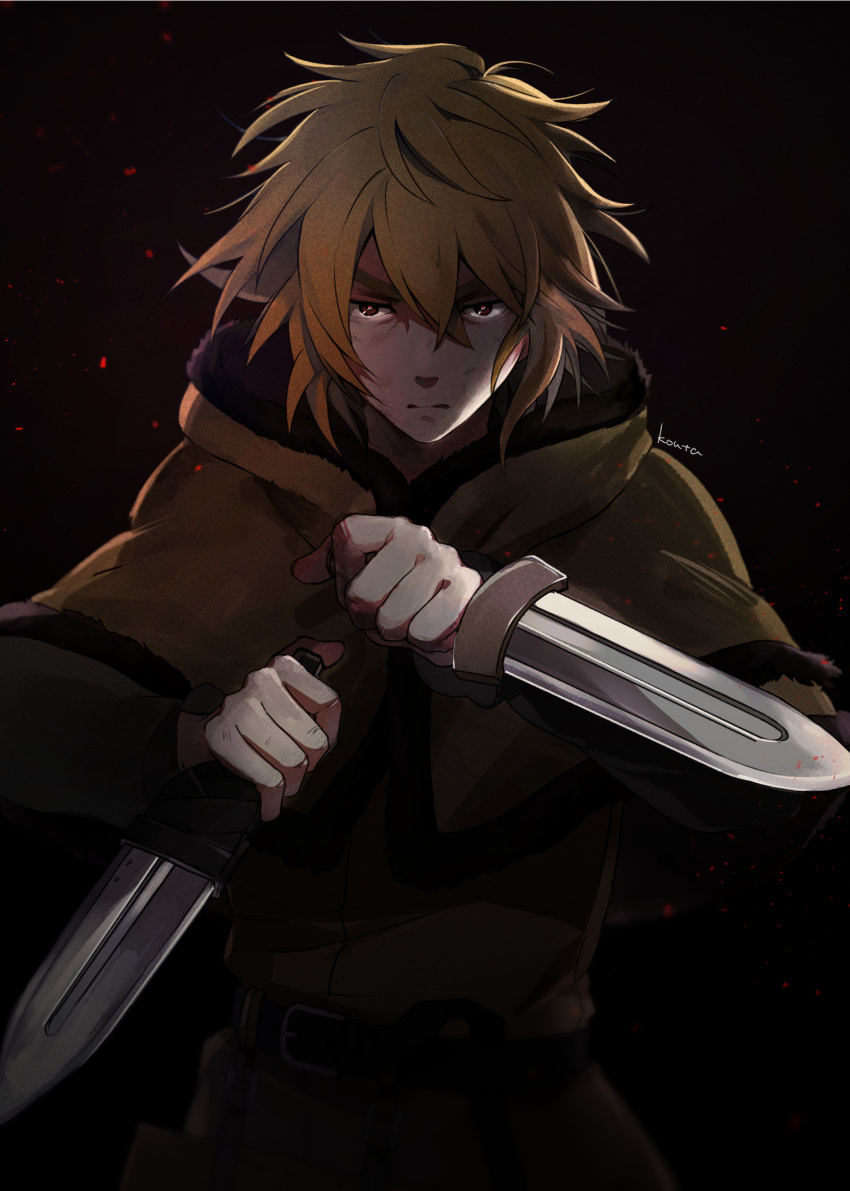 Safebooru - 1boy black background blonde hair brown eyes fighting ...
