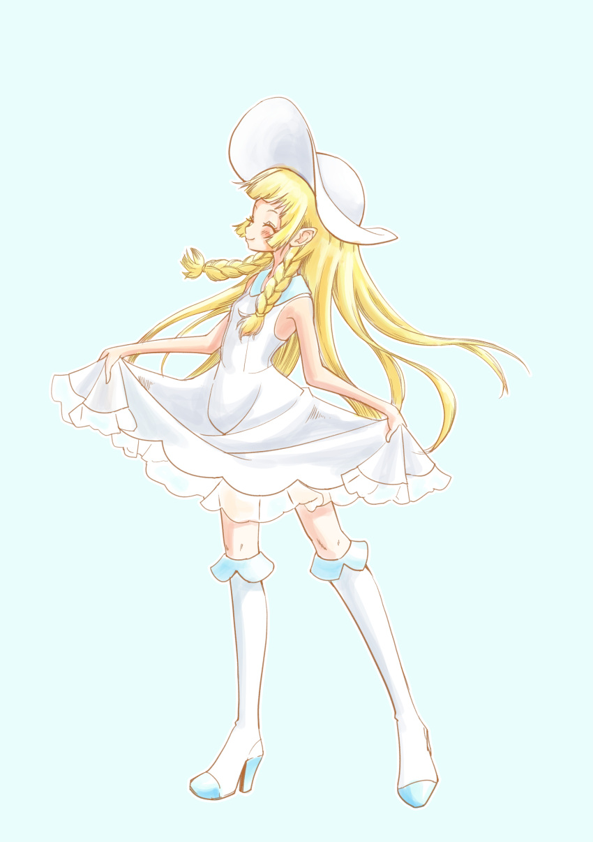 Safebooru - 1girl absurdres blonde hair blue background blush boots ...