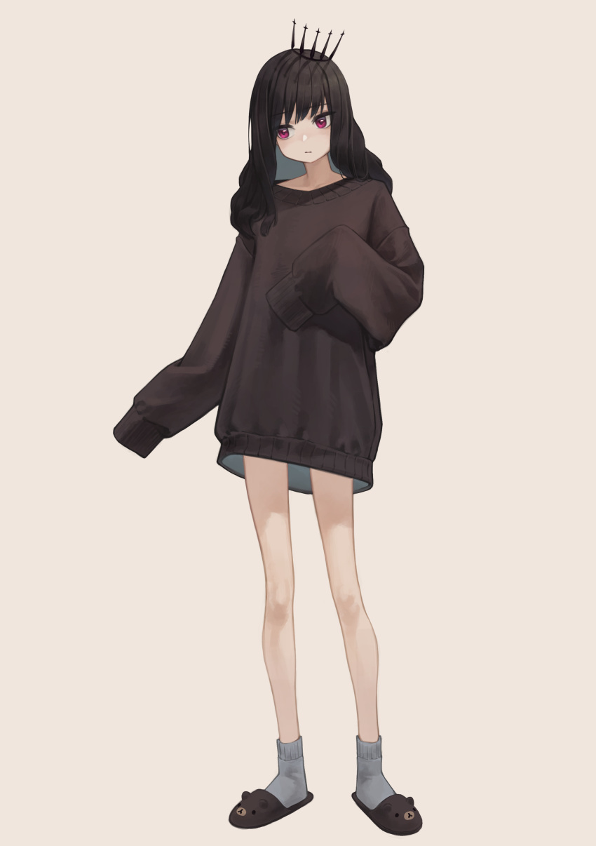 Safebooru - 1girl absurdres animal slippers beige background black hair ...