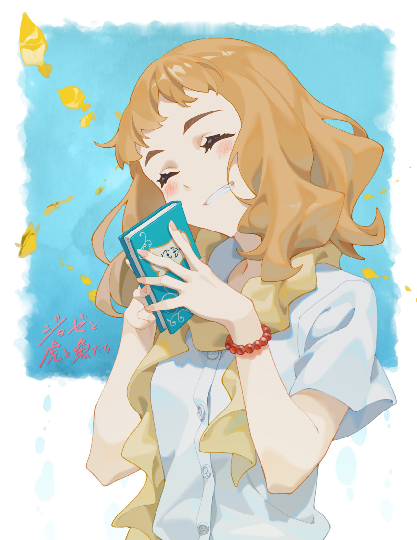 Safebooru - 1girl absurdres bead bracelet beads blue background blush book bracelet brown hair ...