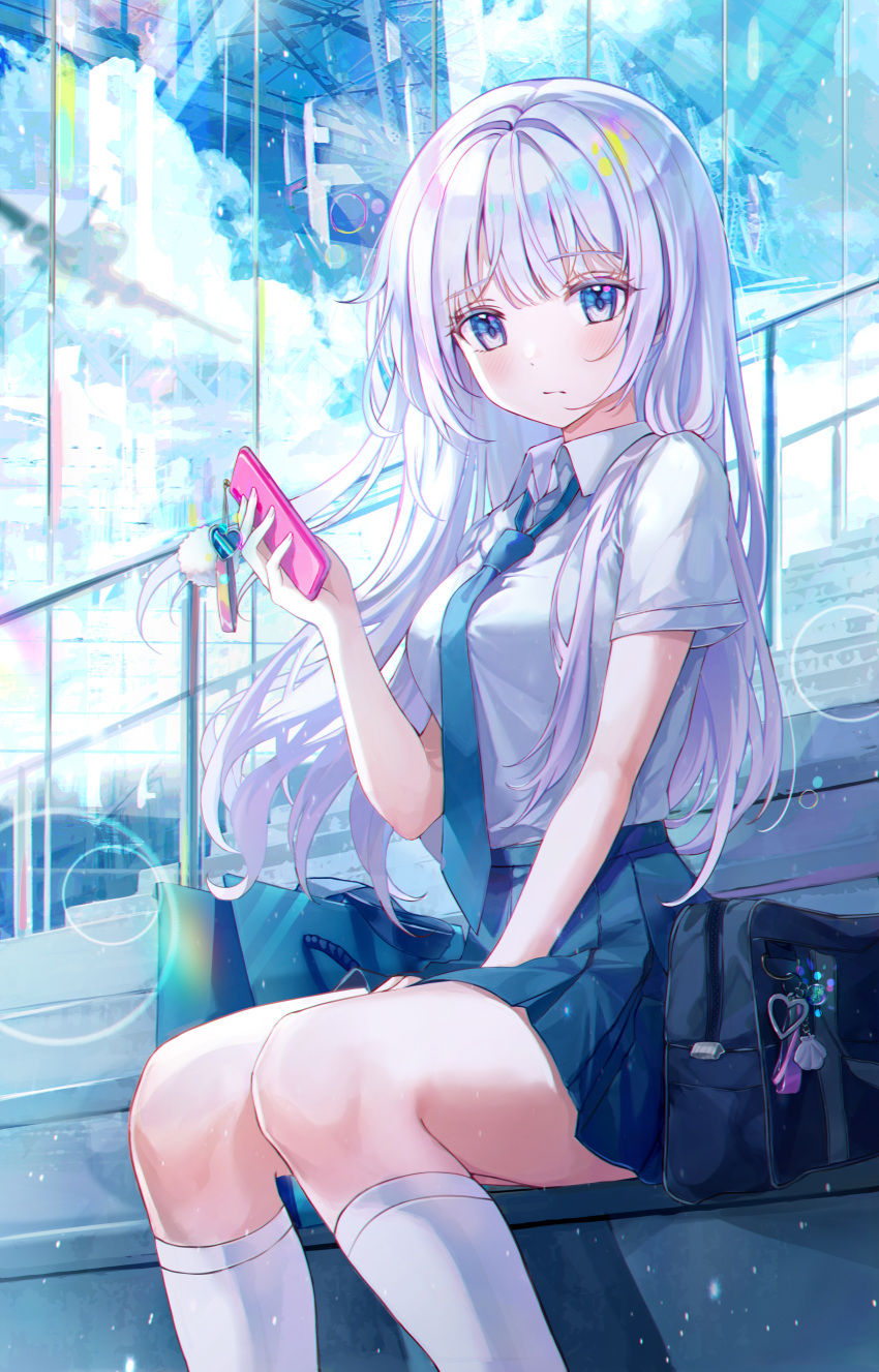 Safebooru - 1girl absurdres bag bangs blue eyes blue neckwear blue skirt blush breasts closed ...