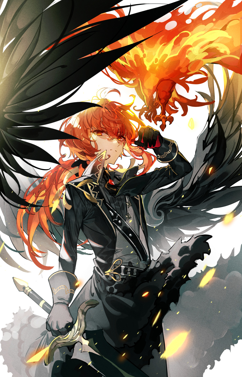 Safebooru - 1boy absurdres arm up belt bird black belt black coat black neckwear black ribbon ...