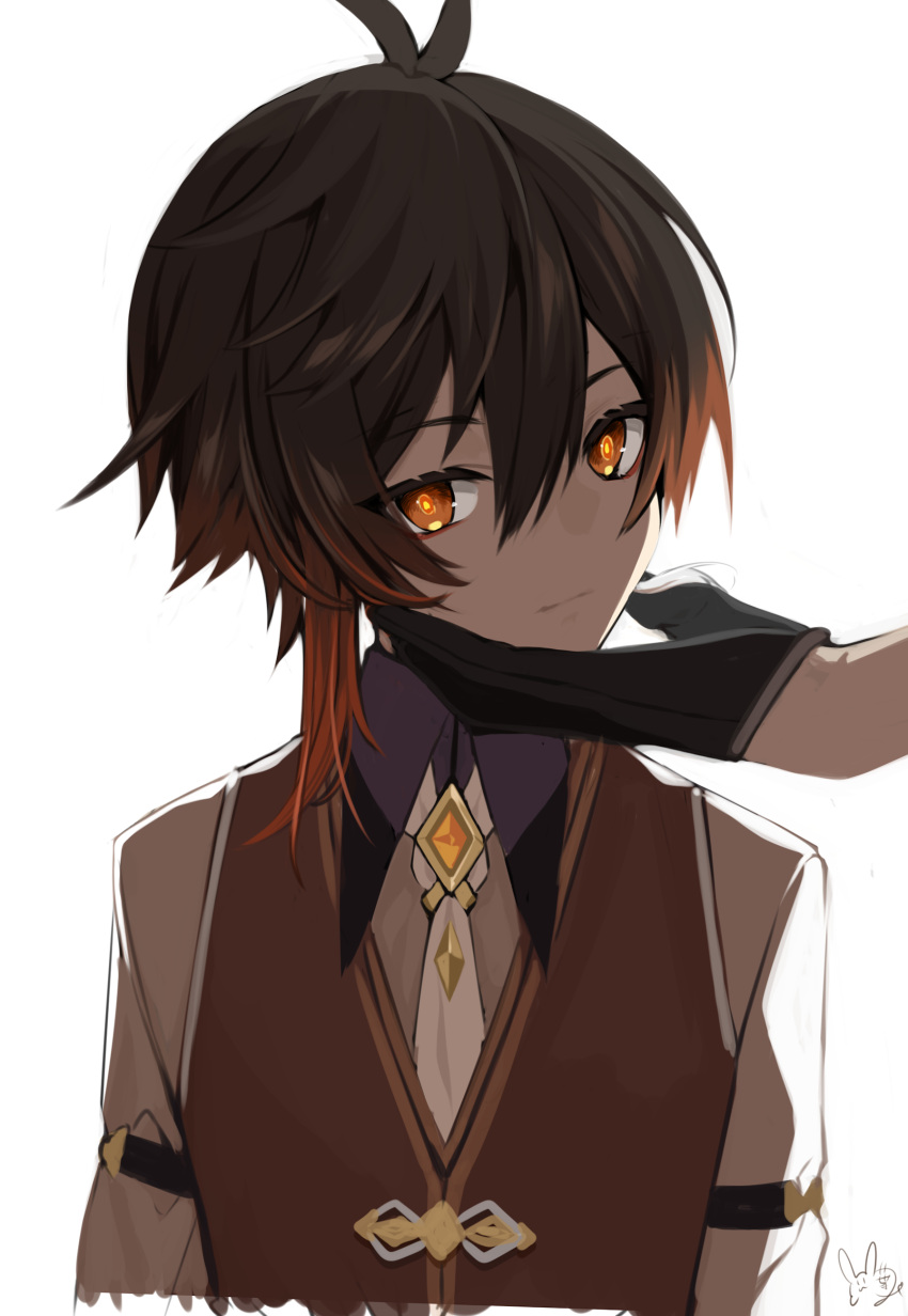 Safebooru - 1boy absurdres antenna hair bangs black gloves black hair brown hair brown vest ...