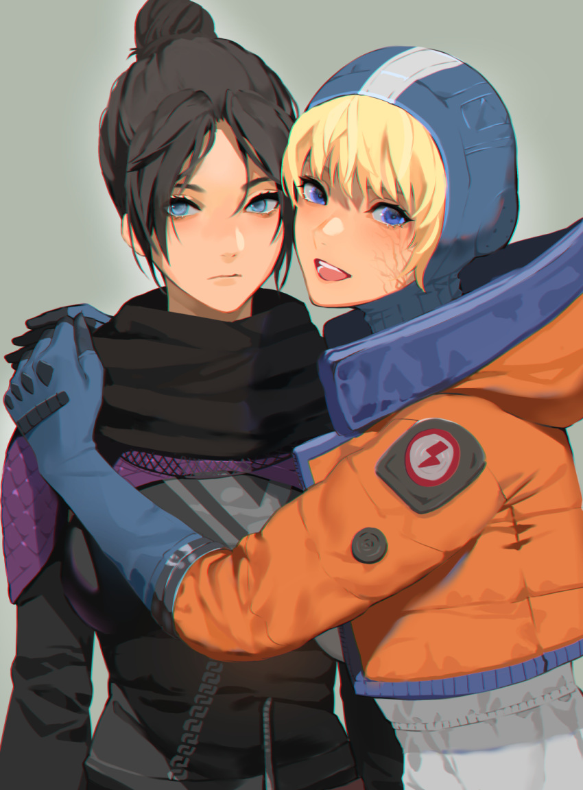 Safebooru - 2girls apex legends bangs black bodysuit black hair black scarf blonde hair blue ...