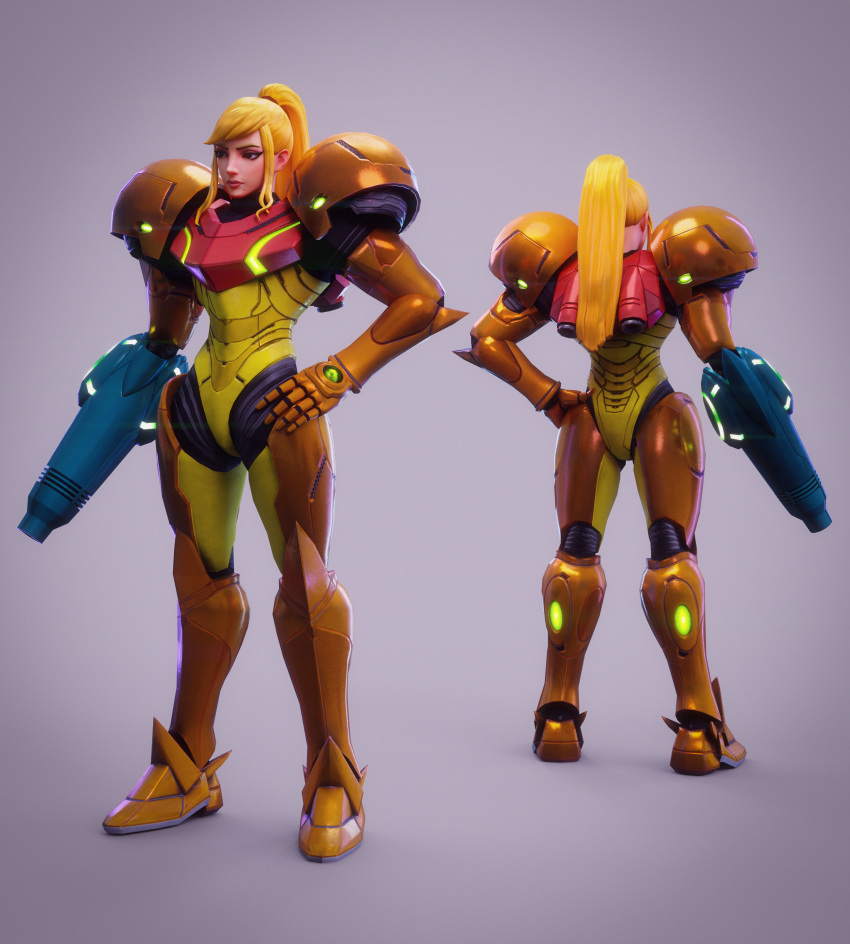Safebooru - 3d absurdres arm cannon back blonde hair fortnite hand on hip highres metroid model ...