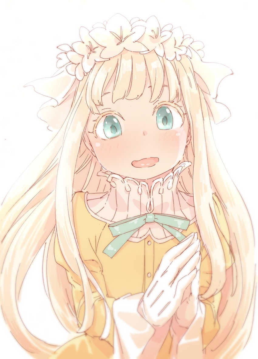 Safebooru - 1girl :d blonde hair dress flower gloves green eyes green ...
