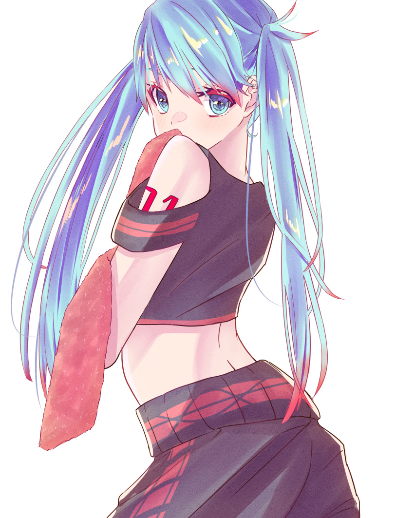 Safebooru - 1girl absurdres bangs bare shoulders black pants black shirt blue eyes blue hair ...