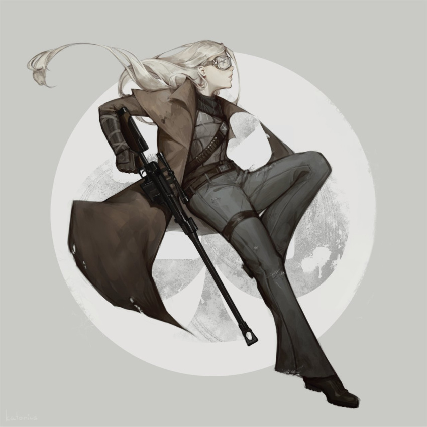 Safebooru - 1girl bangs belt belt buckle black footwear black scarf brown coat buckle closed ...