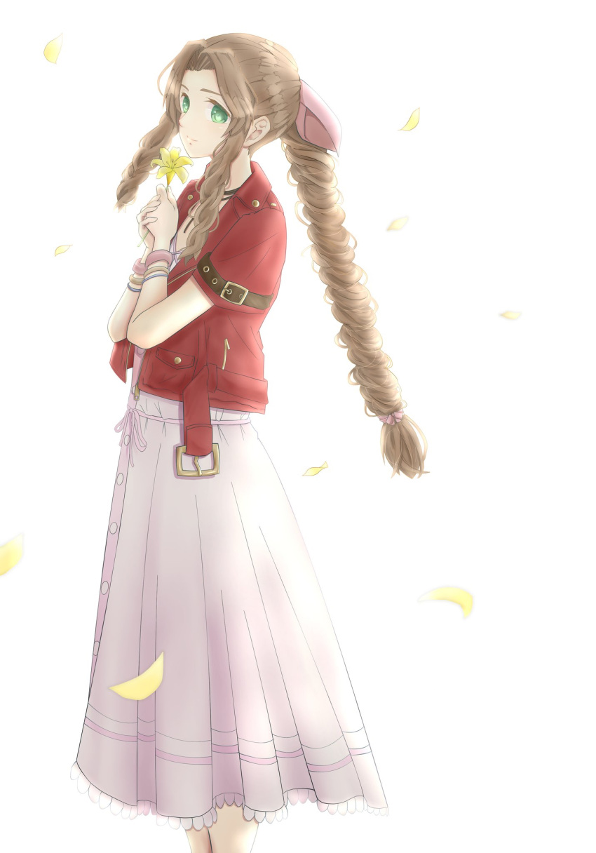 Safebooru - 1girl aerith gainsborough bow bracelet braid braided ponytail brown hair dress ezaki ...