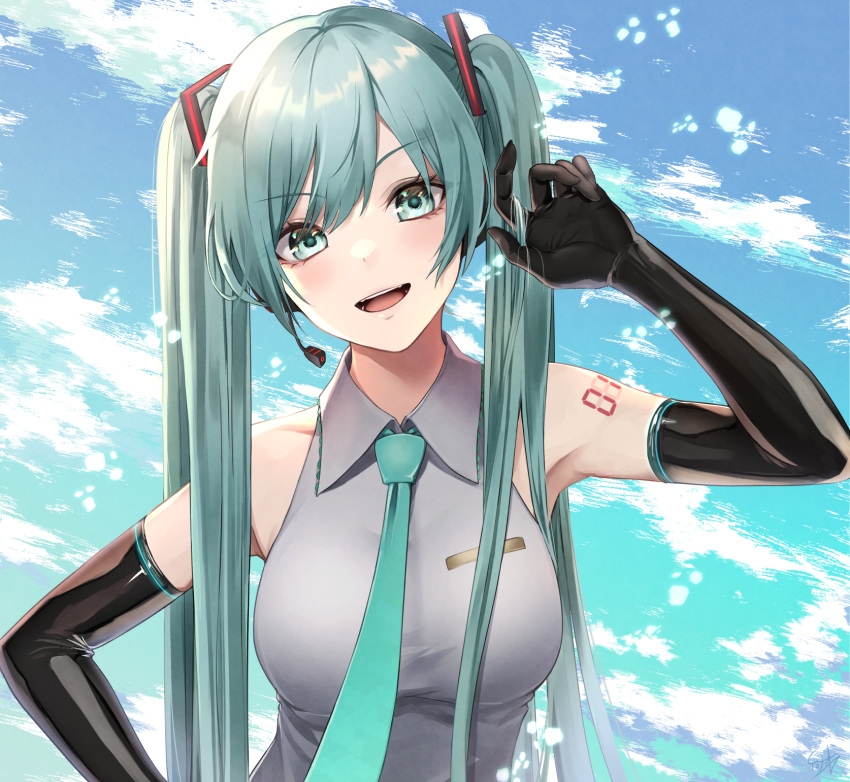 Safebooru - 1girl :d aqua eyes aqua hair arm up armpits bare shoulders black gloves breasts ...