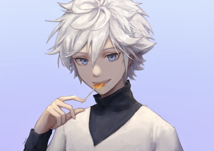 Safebooru - 1boy :d absurdres bangs blue eyes candy food grey ...