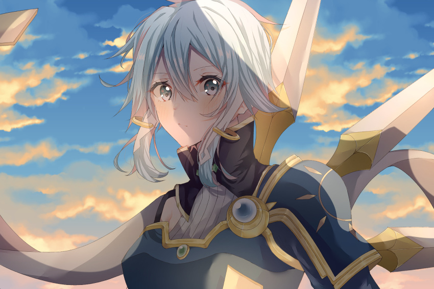 Safebooru - 1girl armor bangs blue eyes blue hair blue sky blush ...