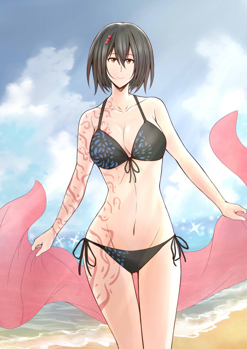 Safebooru - 1girl absurdres beach beads bikini black bikini blue sky breasts brown eyes brown ...