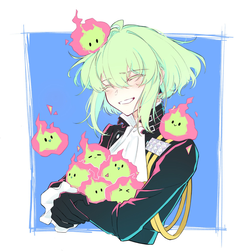 Safebooru - > = = absurdres aiguillette bangs black gloves black jacket border carrying chinese ...