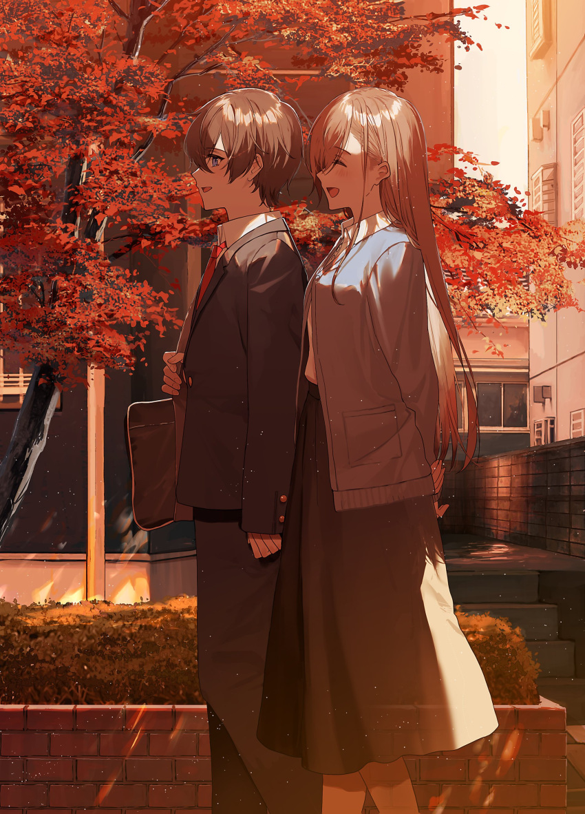 Safebooru - 1boy 1girl absurdres autumn autumn leaves bag blue eyes breasts brown hair closed ...