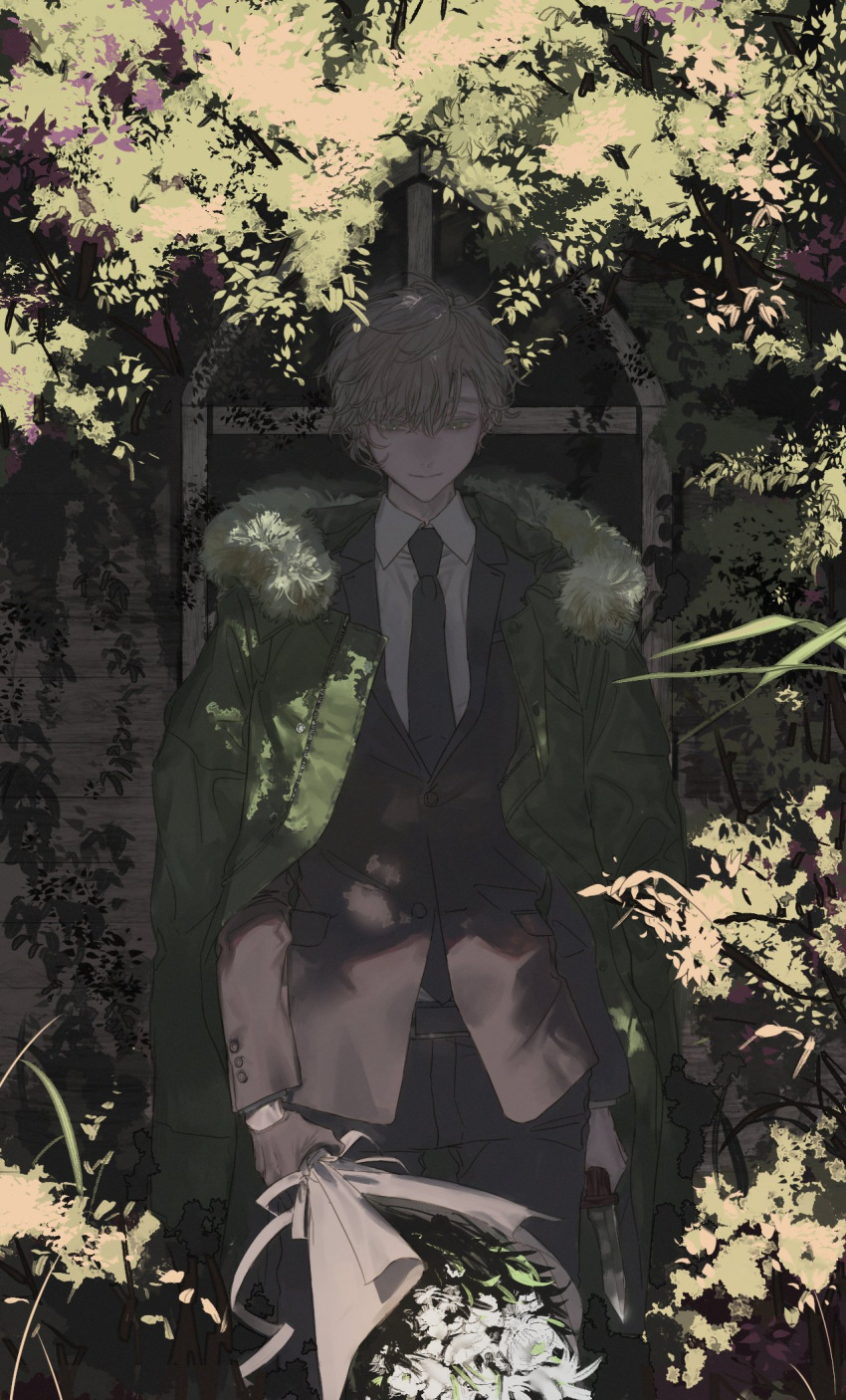 Safebooru - 1boy black gloves black jacket black neckwear bouquet coat cowboy shot flower formal ...