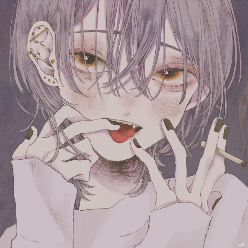 Safebooru - 1girl black nails cigarette ear piercing earrings grey hair ...