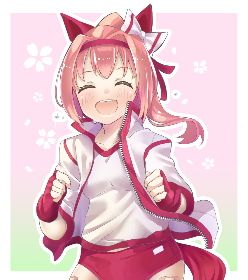 Safebooru - 1girl animal ears bandaid bandaid on leg blush bow buruma clenched hands closed eyes ...