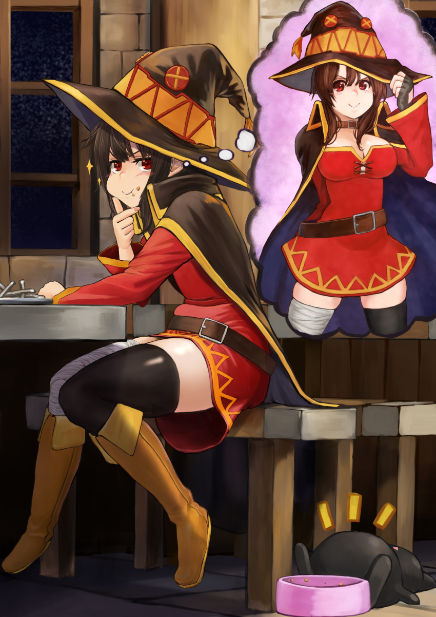 Safebooru - 1girl alternate breast size bandaged leg bandages belt black cape black cat black ...