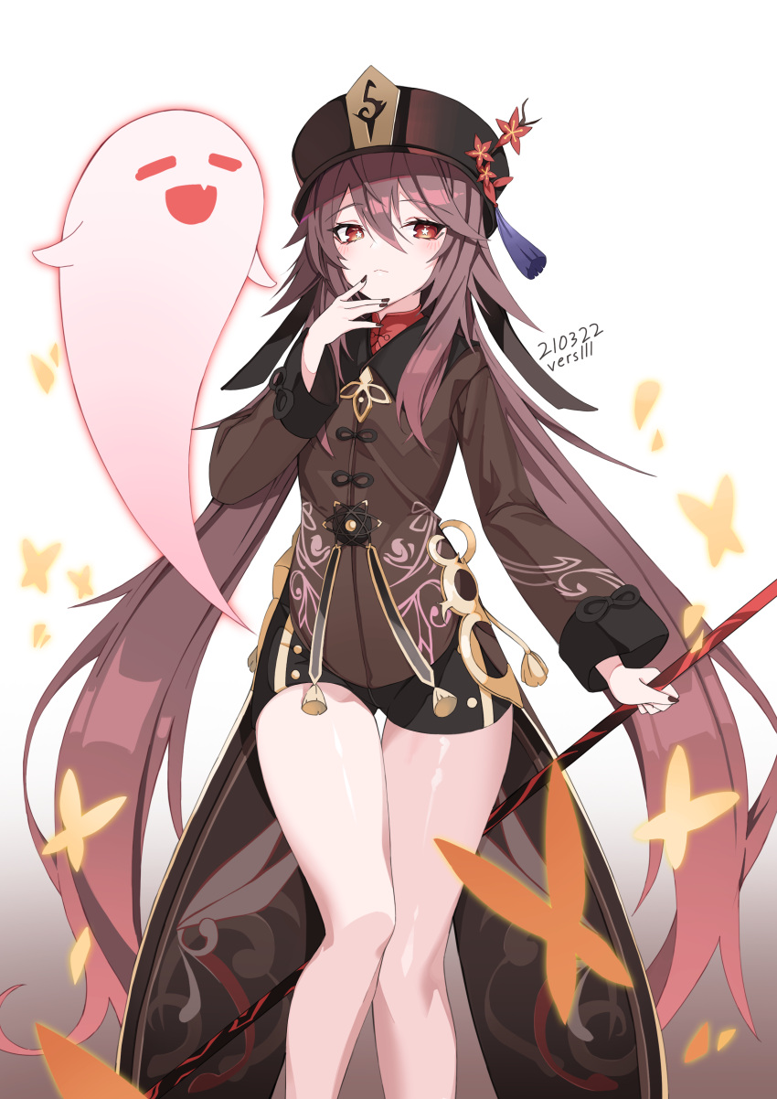 Safebooru - 1girl absurdres bare legs black headwear black nails black shorts brown hair brown ...