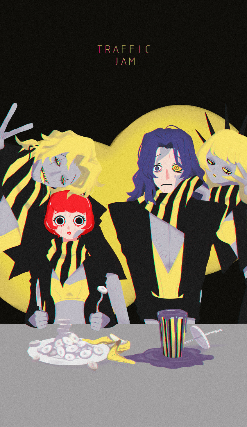 Safebooru - 2boys 2girls absurdres banana banana slice blonde hair blue ...