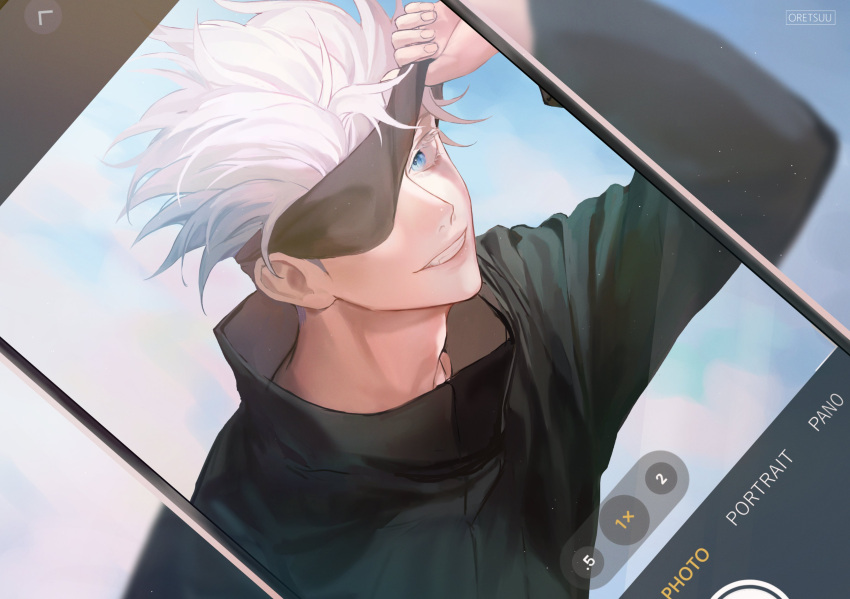 Safebooru - 1boy absurdres arm up artist name black jacket blindfold blindfold lift blue eyes ...