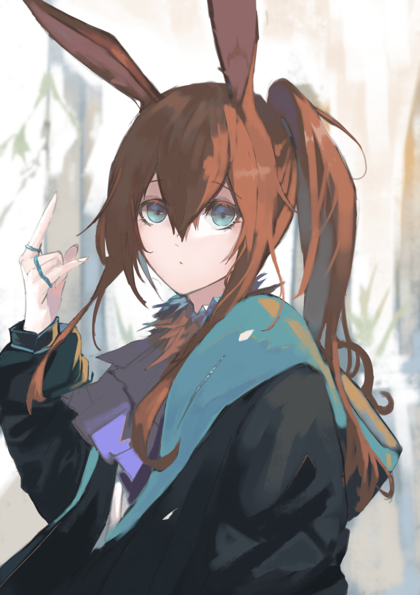 Safebooru - 1girl \m/ amiya (arknights) animal ears arknights black coat blue eyes blue neckwear ...