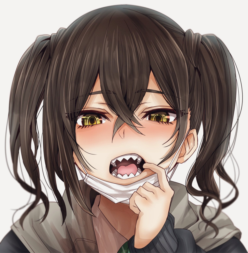 Safebooru - 1girl bangs blush brown hair cheek pull collared shirt ...