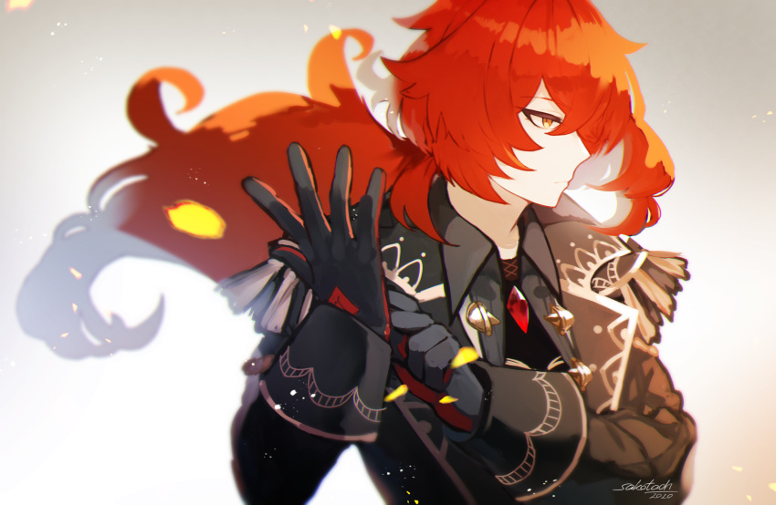 Safebooru - 1boy bangs black gloves closed mouth collared jacket diluc ...