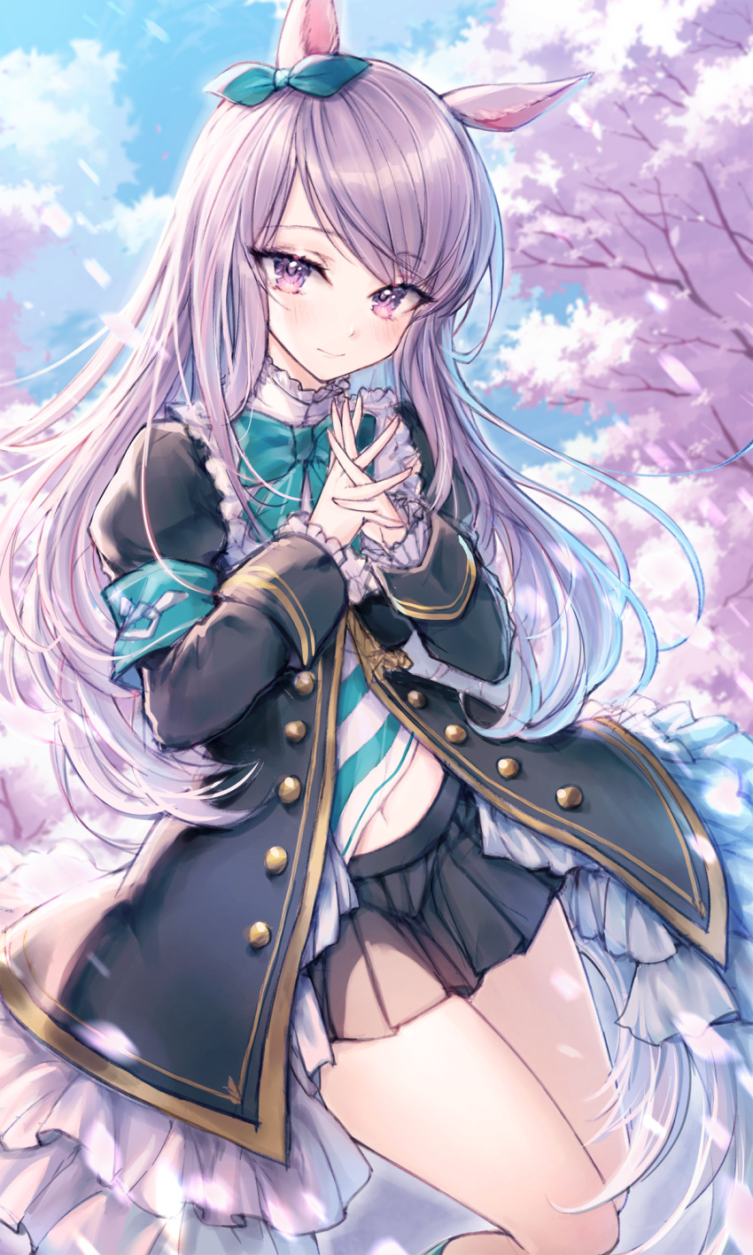 Safebooru - 1girl animal ears armband arms up bangs black jacket black skirt blue bow blue sky ...