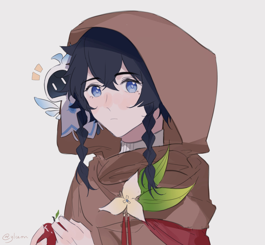 Safebooru - 1boy apple bangs barbatos (genshin impact) black hair blue eyes braid brown cloak ...